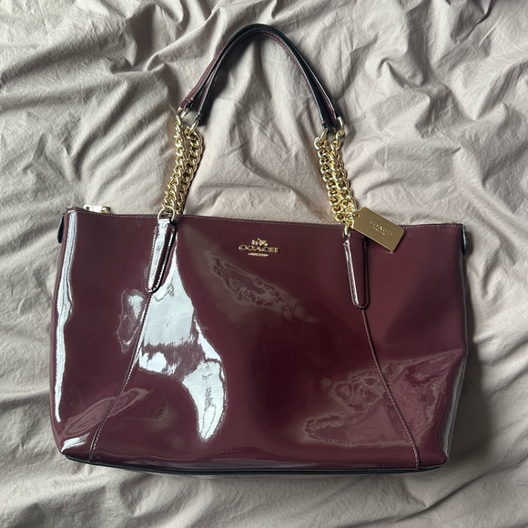 Coach | Bags | Coach Ava Chain Burgundy Patent Leather Tote Bag | Poshmark